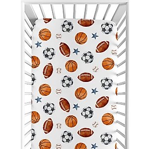Sweet Jojo Designs Sports Theme Boy Baby Fitted Crib Sheet Infant Newborn Nursery Toddler Bed Room Standard Mattress Watercolor Vintage Sport Themed Soccer Balls Football Baseball Basketball Blue Star
