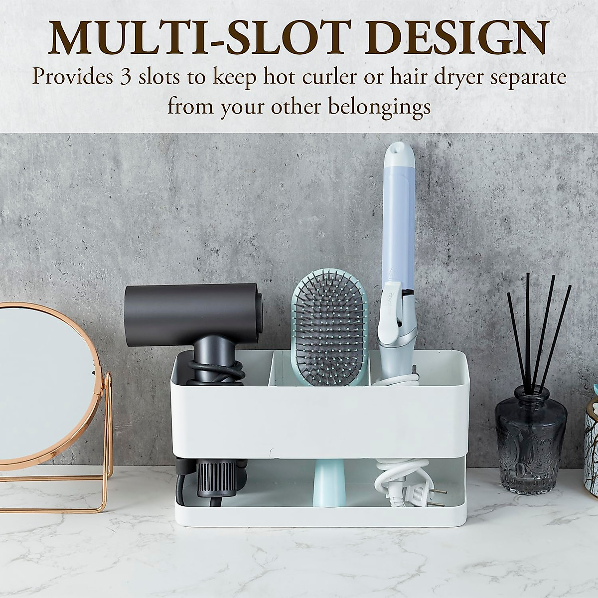 MyGift Hanging Modern White Metal Hair Tools Organizer with 3 Slots, Wall Mounted or Countertop Salon Styling Accessories Holder Rack for Blow Dryer Straightener Curling Iron