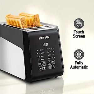 Touch Screen Toaster 2 Slice, KETIAN Bagel English Muffins Toast Pastry Waffles Grain Sweet Bread Toaster, Extra Wide Slots Single Slot Toasting Automatic Lifting, 1400w