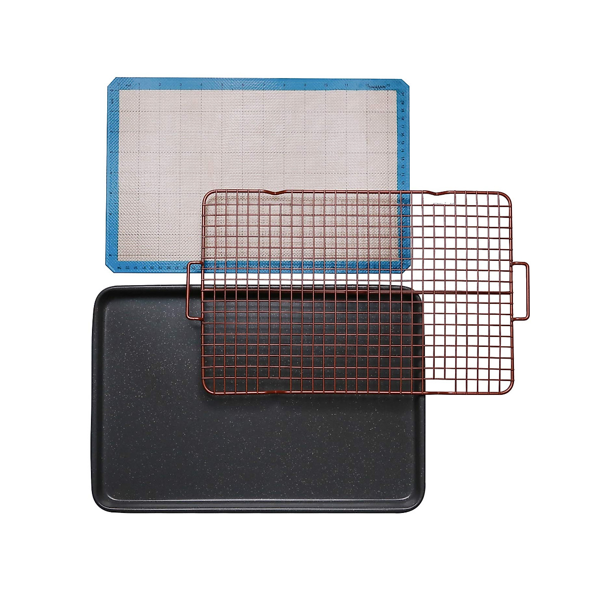 CasaWare 3pc Ultimate Commercial Weight 15 x 10 x 1-inch Cookie Sheet/Cooling Grid/Silicone Mat Bakeware Set (Silver Granite)