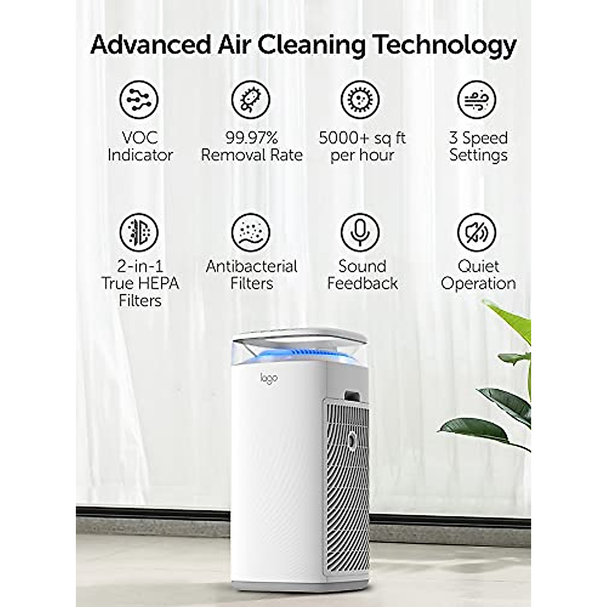 Lago Air Purifier for Home with True HEPA Odor-Reducing Carbon Filter, 3-in-1 Dual Filter Suction, Up to 645 sq ft - Silent, Multiple Purification Speeds - Reduces Pet Dander, Pollen, Smoke, Dust