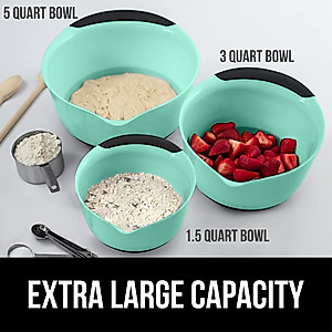 Gorilla Grip Mixing Bowls Set of 3, Slip Resistant Rubber Bottom, Nesting Baking Bowl, Soft Wide Handle, Easy Pour Spout, Electric Mixer and Dishwasher Safe, Kitchen Essentials, 5, 3 and 1.5 QT, Mint