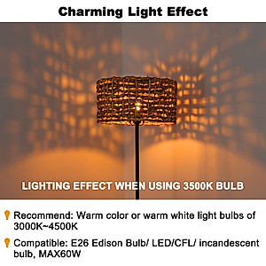 Casamoon Farmhouse Rattan Floor Lamp for Bedroom, Water Lettuce Hand-Knitting Shade Tall Standing Light for Living Room Corner Lighting, Mid Century Rustic Vintage Home Décor, Black