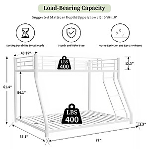 Jaxenor Bunk Bed Twin Over Full Size with Ladder, Heavy Duty Metal Bed Frame with Safety Guardrail, Sturdy Twin Bunk Beds for Kids Teens & Adults, No Box Spring Needed, White