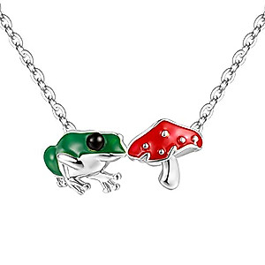 QYYGYLLR Women's Green Frog Red Mushroom Pendant Necklace, Gold/Silver Plated Cute Frog Mushroom Aesthetics Jewelry for Birthday/Christmas Gifts,Chain Length 16inch with extension chain 2inch.