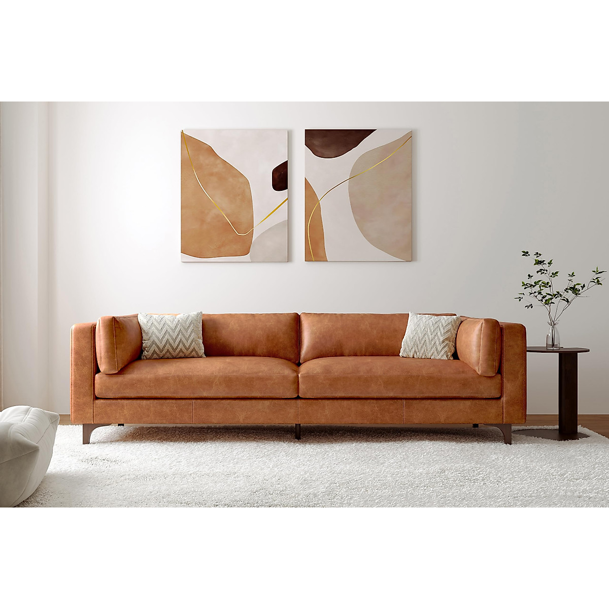 Valencia Mary Leather Couch 93" | Top Grain Nappa 11000 Leather Wide Seat, Solid Wood Frame, Plush Cushioning, Top-Stitched French Seams, Saddle Tan