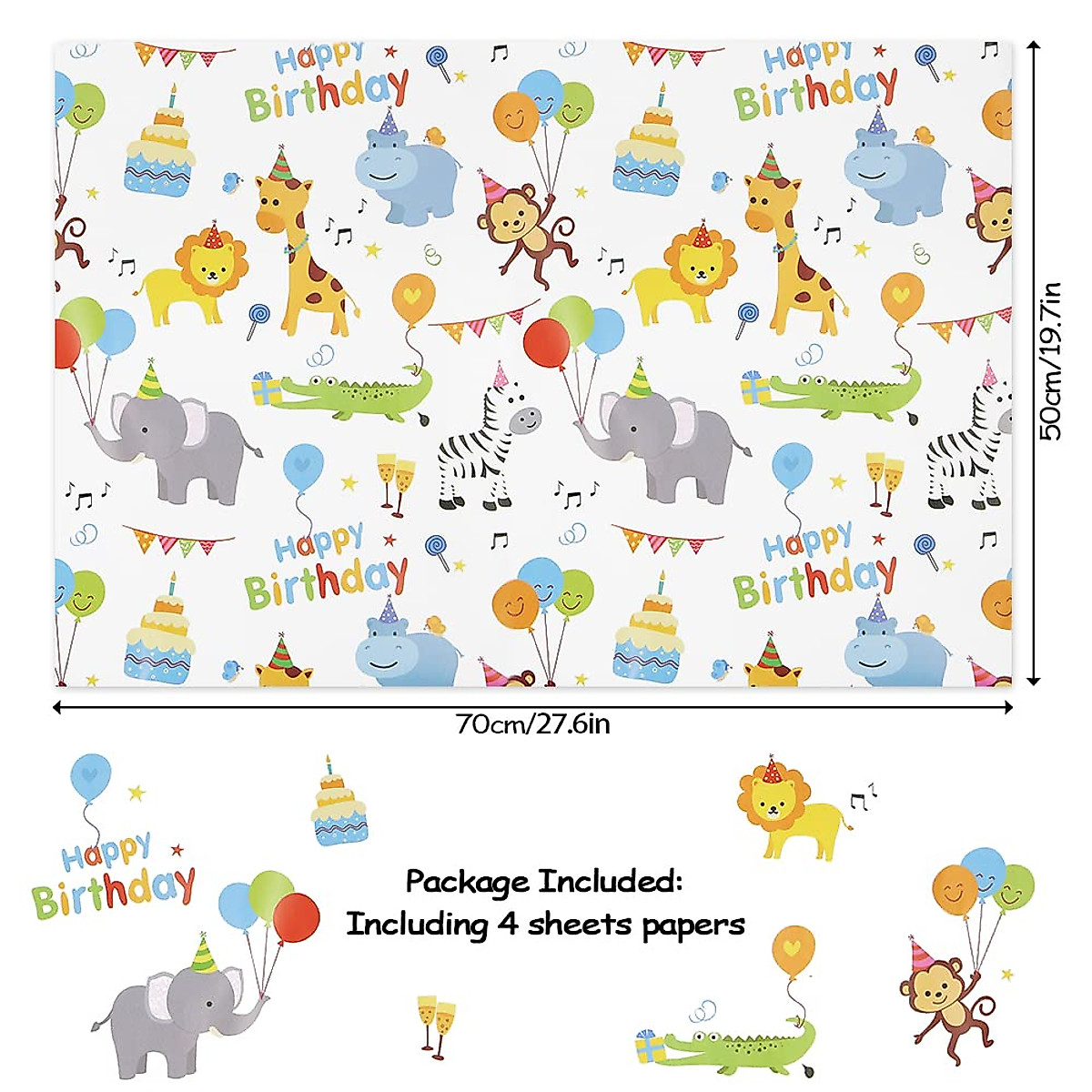 Birthday Wrapping Paper For Kids Girls Boys, Animals Party Design Gift Wrap Paper for Birthday Baby Shower, 4 Sheets Folded Flat 20x28 Inches Per Sheet, Monkey Lion Elephant Giraffe Alligator Zebra