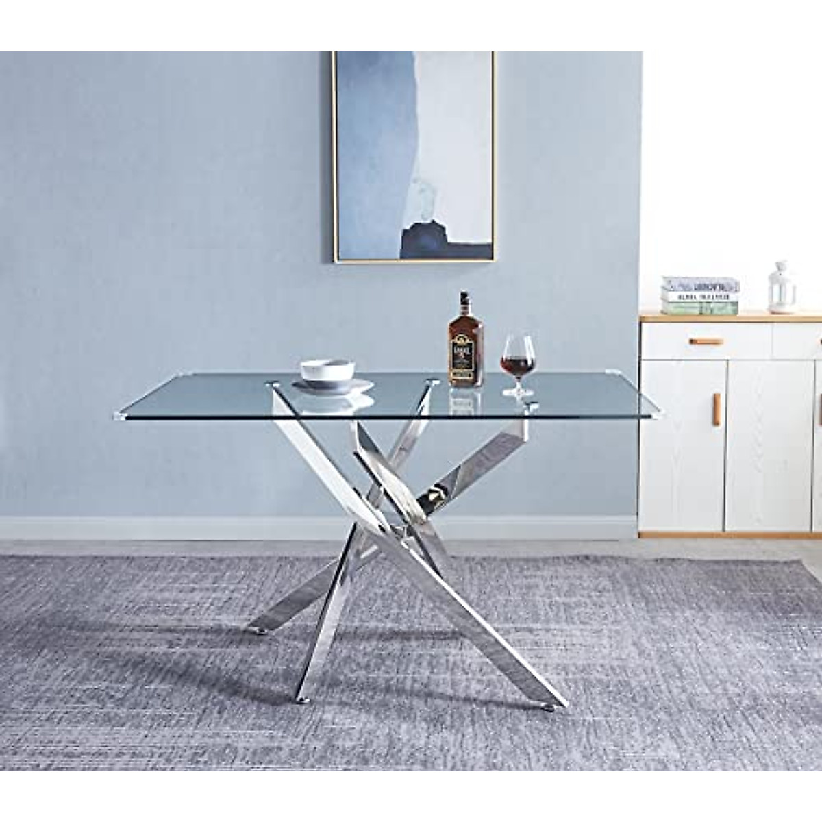 Yoluckea Modern Rectangular Glass Table Tempered Glass Dining Table with Stainless Steel Base Clear Beveled Edges Glass Kitchen Table for Home Kitchen Dining Room 51.20"W x 31.50"D x 29.50"H Silver