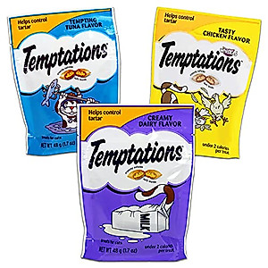 Temptations Whiskas Cat Treats Variety Pack -- 3 Temptations Cat Snack Treat Bags | Temptations Cat Treats Chicken, Dairy, and Tuna (1.7oz)