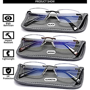 JJWELL 3 Pack Reading Glasses for Men Blue Light Blocking, Lightweight Rimless Metal Mens Eyeglasses Readers, Anti Eyestrain/Dryness/Computer Glare/UV 400, Spring Hinge Eyeglasses(200 Strength)