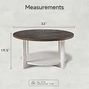 COZAYH Round Wood Coffee Tables with Storage, Rustic Farmhouse Coffee Table with Distressed Wood Top, Large Circle Table for Living Room, Brown, 32Dx32Wx19.5H in