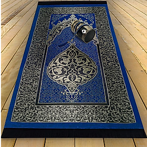 Kapobia Muslim Prayer Rug Islam and Beads, Kaabe Design Box Eid Ramadan Gifts Islamic Set Carnal Salah Mat Taffeta Fabric Black Soft Prayer Mats Men and Women (Blue)
