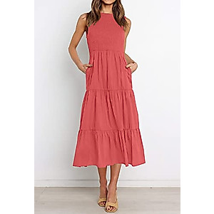 ZESICA Women's 2023 Summer Casual Sleeveless Crew Neck Smocked High Waist Flowy Tiered A Line Midi Dress,Watermelon,Medium