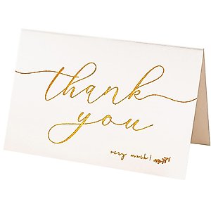Crisky 50 Pcs Gold Foil Thank You Cards With 50 Envelopes & 50 Stickers Simple, Chic, Elegant Greeting Cards Perfect for: Wedding/Business/Birthday/Graduation etc. 4 x 6 inches 50 Pack