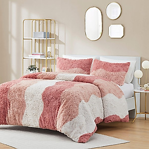 Intelligent Design Soft & Cozy Shaggy Faux Fur Duvet Cover Set, Trendy Ombre Design with Vibrant Color, All Seasons Soft Microfiber Duvet Bedding Cover, Sham, Cassie, Full/Queen Blush Multi 3 Piece