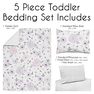Sweet Jojo Designs Lavender Purple, Pink, Grey and White Shabby Chic Watercolor Floral Girl Toddler Kid Childrens Bedding Set - 5 Pieces Comforter, Sham and Sheets - Rose Flower Polka Dot