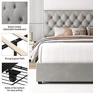 HOSTACK Queen Size Bed Frame with 4 Storage Drawers, Modern Upholstered Platform Bed with Adjustable Headboard,Button Tufted Bed Frame with Wood Slat Support,No Box Spring Needed(Grey, Queen)