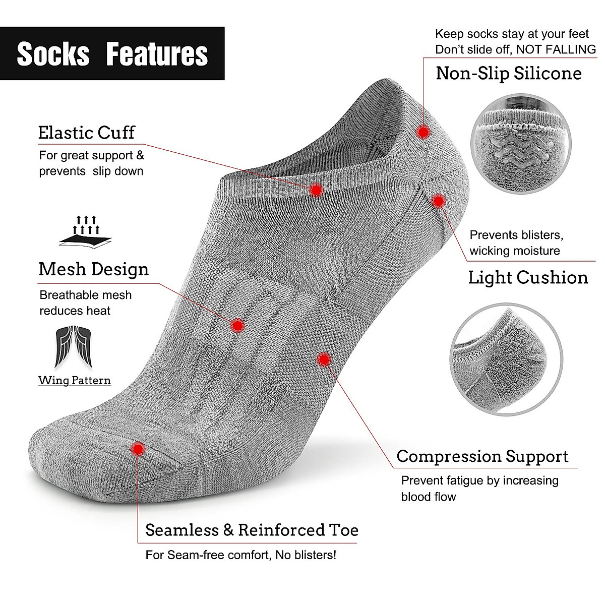 Busy Socks Womens Grey Wool Athletic Socks Pack, Organic Low Cut Cushioned Running Wool Socks Gift for Runner with Cute Wing Patterned, 3 Pairs, Medium, Grey