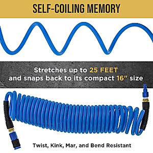 Master Elite Series 1/4" x 25' Polyurethane Recoil Air Hose with Bend Restrictors and 1/4" NPT Male Fitting Ends - Universal Aluminum Quick Coupler, I/M Industrial Plug - Attach Compressors, Air Tools