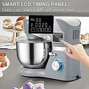 VEVOR Stand Mixer, 660W Electric Dough Mixer with 6 Speeds LCD Screen Timing, Tilt-Head Food Mixer with 5.8 Qt Stainless Steel Bowl, Dough Hook, Flat Beater, Whisk, Scraper, Splash-Proof Cover - Gray