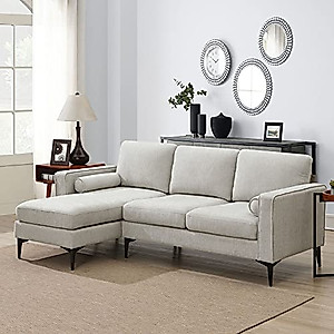 KoiHome 86" Convertible Sectional 2 Pillows, Modern Chenille L-Shaped Couch with Reversible Chaise Lounge, 3-Seater Sofa, Fit for Living Room,Office,Apartment, Polyester, Beige