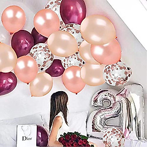62 Pieces Rose Gold Burgundy Confetti Balloons Kit, 12 Inch Rose Gold Confetti Burgundy Rose Gold Latex Balloons with Balloon Ribbon for Wedding Birthday Girl Party Background Decorations