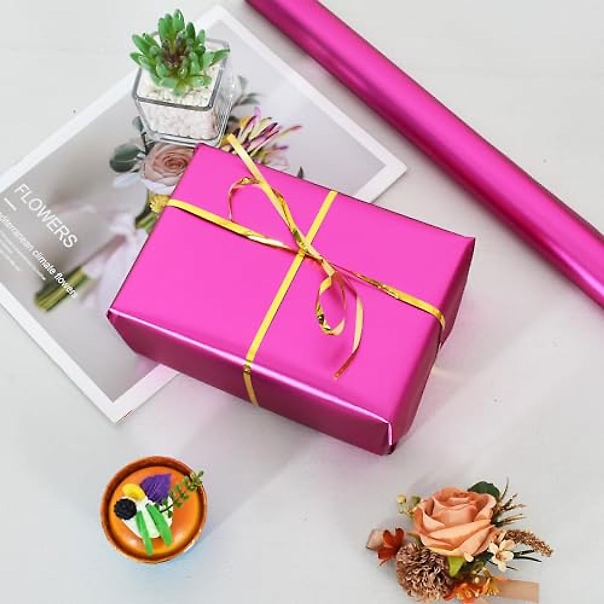 BEISHIDA Hot Pink Gift Wrapping Paper Metal Matte Wrapping Paper Roll Solid Color Gift Wrap Paper, Packing Paper for Wedding, Birthday, Graduation, Christmas Wrapping Paper(17inches X 32.8ft)