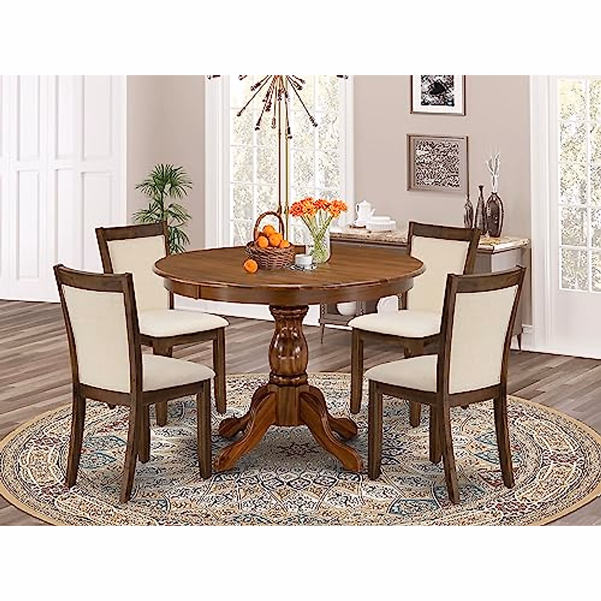 East West Furniture HBMZ5-AWA-32 5 Piece Dining Room Furniture Set Contains a Round Dining Table and 4 Parson Chairs, 42x42 Inch, Antique Walnut