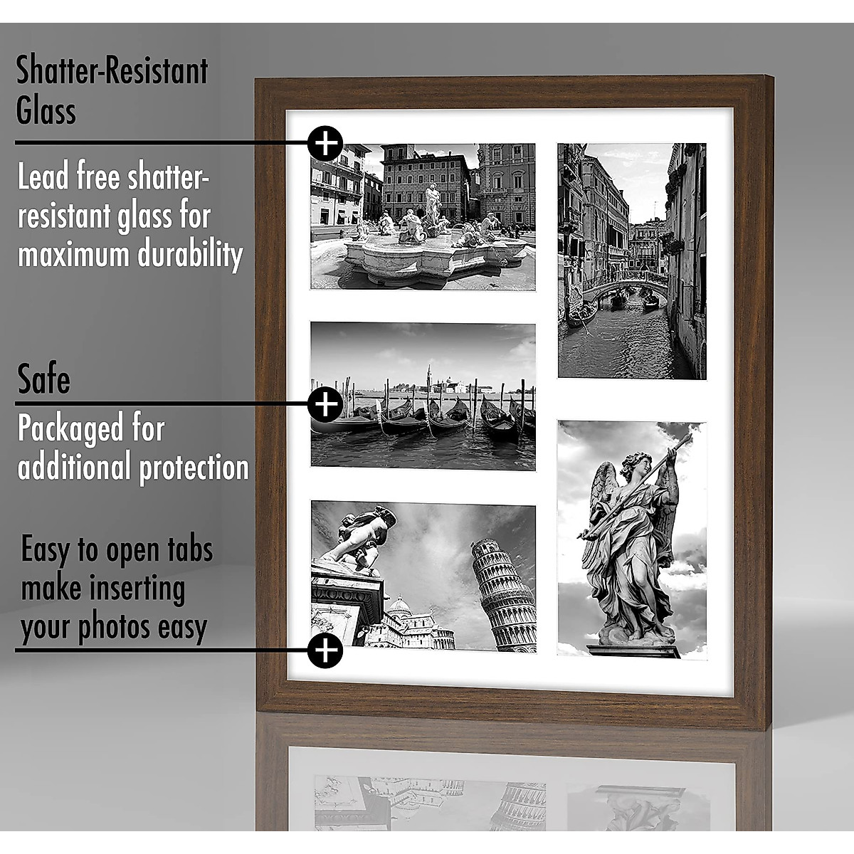 Americanflat 11x14 Collage Picture Frame in Walnut - Displays Five 4x6 Frame Openings or Use as 11x14 Picture Frame Without Mat - Engineered Wood, Shatter Resistant Glass, and Includes Hanging Hardware