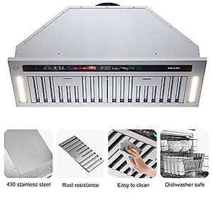 BRANO Range Hood Insert 30 Inch, 900 CFM Smart Voice/Gesture/Touch Control, 4 Speed Exhaust Fan, Stainless Steel Kitchen Hood with Charcoal Filter, Ducted/Ductless Convertible