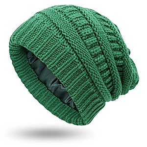 Muryobao Womens Winter Warm Knitted Hat Satin Silk Lined Cable Knit Beanie Chunky Slouchy Skull Cap Green