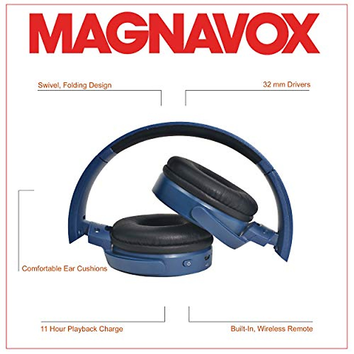 Magnavox MBH542-BL Bluetooth Wireless Foldable Stereo Headphones in Blue