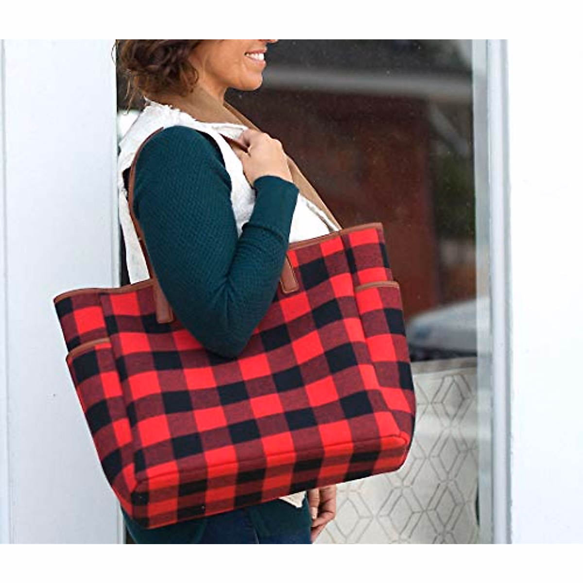 MONOBLANKS Women Buffalo Plaid Check Tote Set with Matching Wristlet,Personalized Top Handle Handbag Working Bag Best Gift for Her (Red Buffalo Plaid)