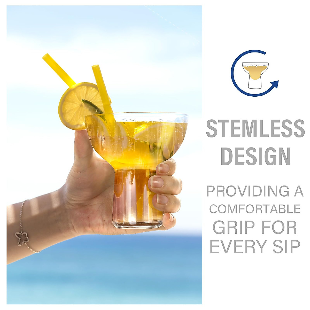 LEYU Stemless Margarita Glasses Set of 4, 11oz Margarita Glass for Frozen Cocktail, Mixed Drinks, Martini, Wine Glasses Set, Hand-Blown Glass Cups-Clear