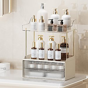 shuang qing 2-Tier 2-Drawer Bathroom Countertop Organizer, Skin Care Large Organizer, Multi-Purpose Makeup Storage Rack for Vanity, Cosmetic Counter Organizer (Clear)