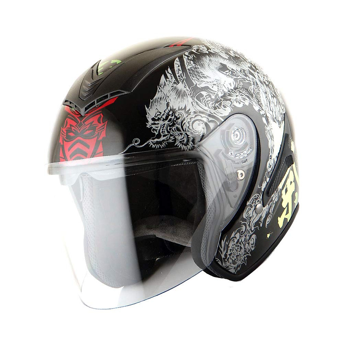1Storm Motorcycle Open Face Fiber Glass Dual Visor Helmet Scooter Classical Knight Bike Samurai Black + One Extra Clear Shield