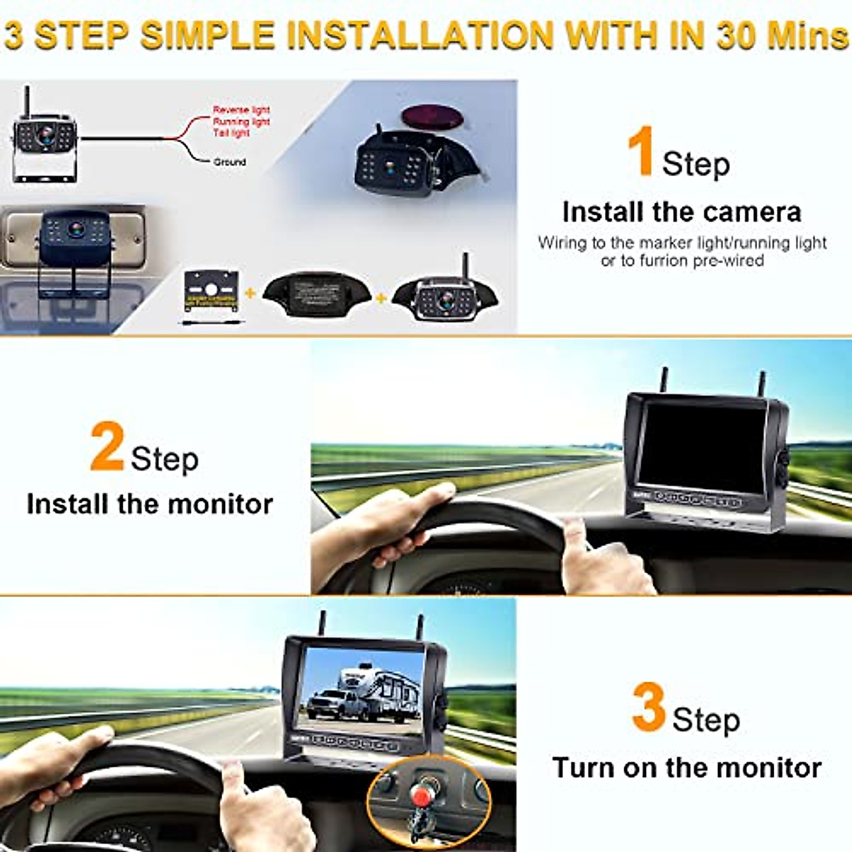 AMTIFO RV Backup Camera Wireless HD 1080P 7'' Split Screen DVR Monitor Bluetooth Trailer Rear View Cam 4 Channel System Truck Camper Infrared Night Vision Adapter for Furrion Pre-Wired RVs A8