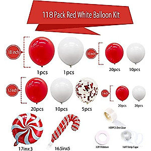 Christmas Balloon Garland Arch Kit - 118 Pieces Red White Confetti Latex Balloons with Candy Cane Balloons for Holiday Christmas Candy Themed Birthday Baby Shower Wedding Party Decorations