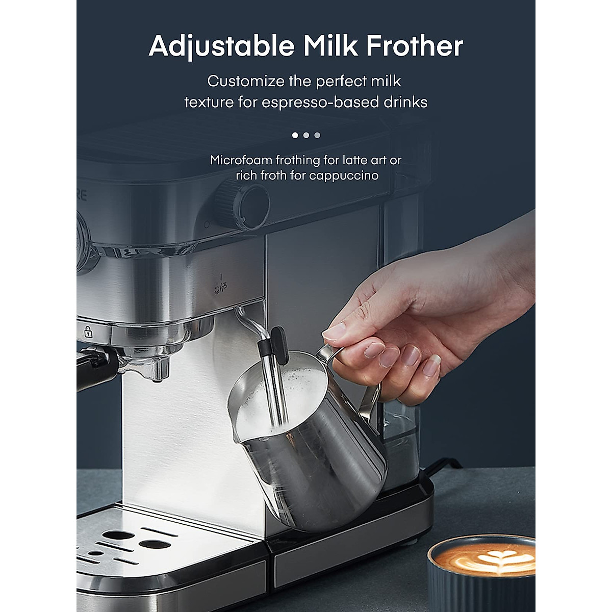 FOHERE Espresso Machine, 15 Bar Espresso and Cappuccino Maker with Milk Frother Steam Wand, Professional Espresso Coffee Machine for Espresso, Cappuccino, Latte and Mocha, Brushed Stainless Steel