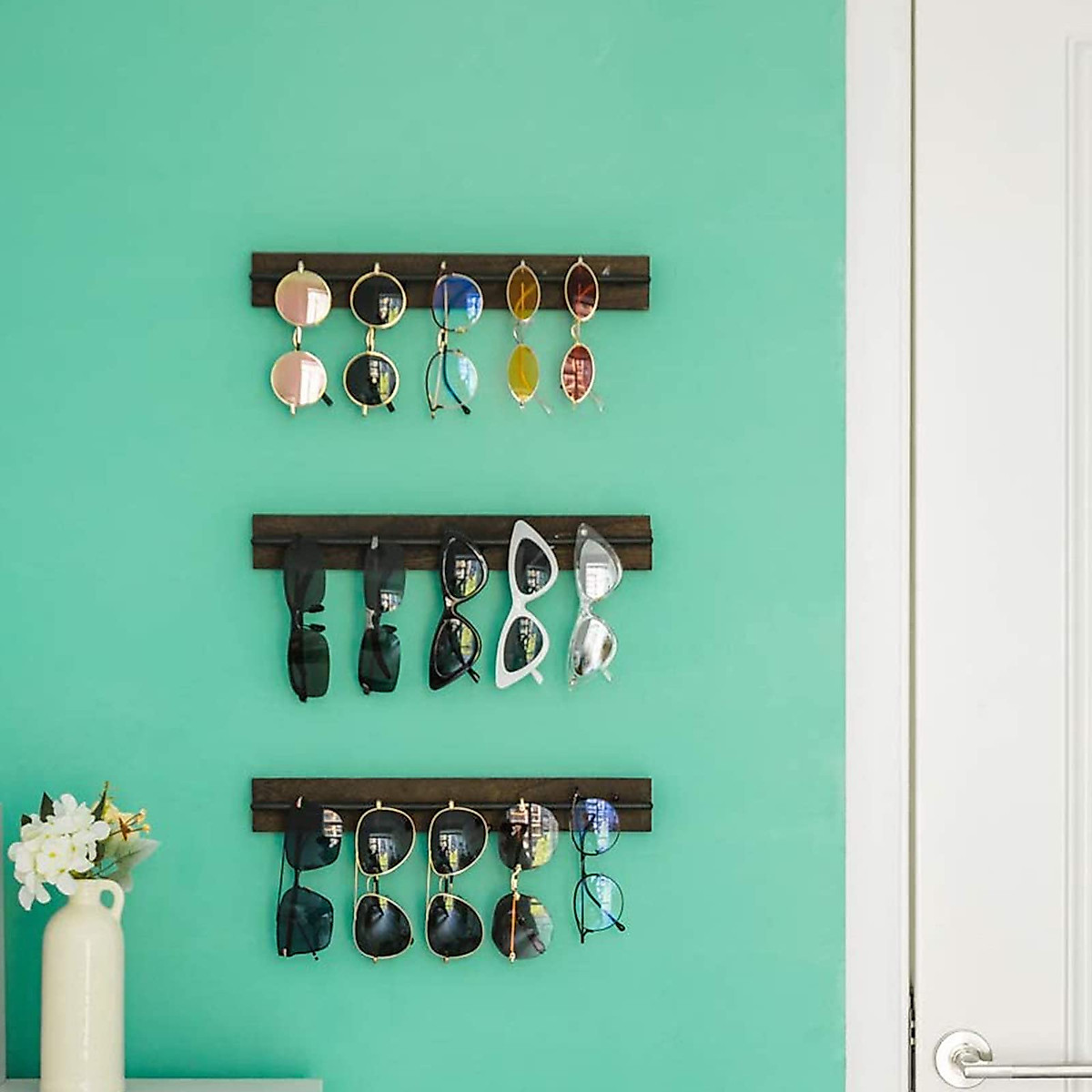 TANG SONG 3 PCS Rustic Wall Mounted Wood Sunglasses Storage Organizer Eyeglasses Holder Eyewear Display Rack for Office Desk Home Decor Gifts (Dark Brown)