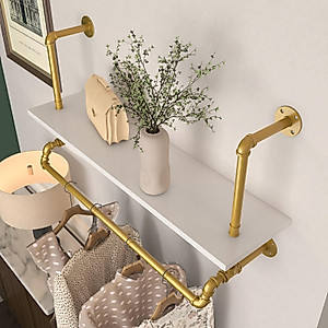 HOMEKAYT Industrial Pipe Clothing Rack Wall Mounted Gold Clothes Rack with Wooden Shelf Vintage Hanging Rack for Bedroom, Living room