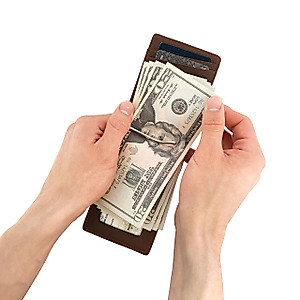 Andar The Apollo Leather Slim RFID Blocking Minimalist Bifold Wallet with Money Clip and ID Slot made of Full Grain Leather Elastic Pull Tab (Saddle Brown)