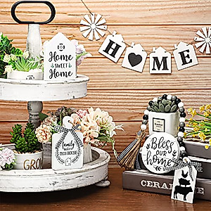 10 Pcs Farmhouse Tiered Tray Decor Farmhouse Home Decor Mini Signs Rustic Home Wood Sign Cutting Broad House Shaped Table Decor Buffalo Plaid Farm Fresh Sign (Home Style)