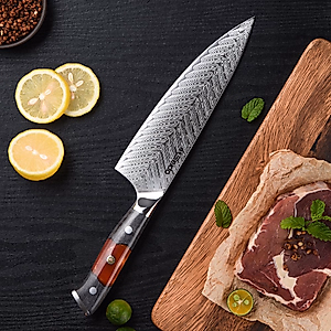 Seido Knives 8" Inferuno Gyuto AUS10 Damascus Chef Knife - Premium High-Carbon Stainless Steel Blade with Exquisite Damascus Pattern, Ergonomic Maple Wood Handle for Precision Cooking
