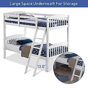 GOFLAME Twin Over Twin Bunk Beds, Convertible Into Two Individual Solid Rubber Wood Beds, Space Saving Design, Children Stylish Sleeping Bedroom Furniture with Ladder and Safety Rail (White)