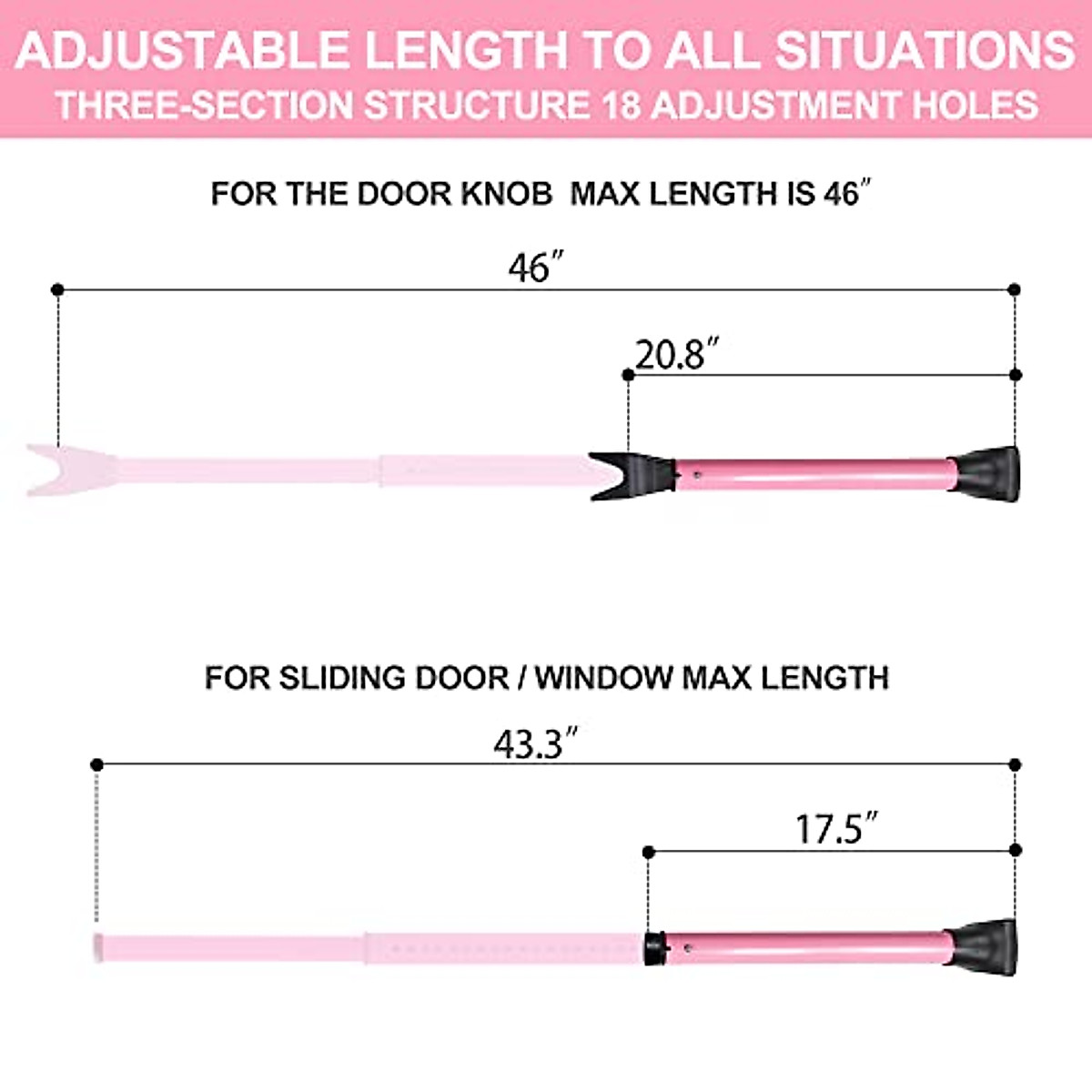 AceMining Upgraded Door Security Bar & Sliding Patio Bar, Heavy Duty Stoppers Adjustable Jammer for Home, Apartment, Travel (2 Pack,Pink)