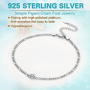 SILVERCUTE April Birthstone Ankle Bracelet 925 Sterling Silver 3mm Chain for Barefoot Figaro Anklets for Women, 8.5"-10.5"