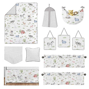 Sweet Jojo Designs Farm Animals Baby Boy or Girl Nursery Crib Bedding Set - 11 Pieces - Watercolor Farmhouse Lattice Horse Cow Sheep Pig