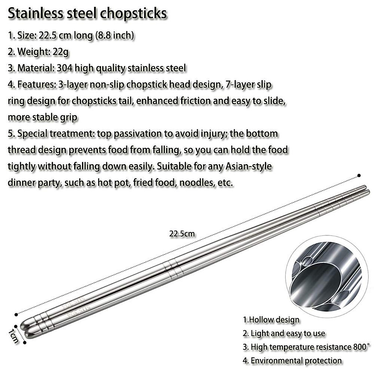 5 Pairs Metal Chopsticks Reusable, Stainless Steel Chopsticks Set, Lightweight 304 Non-Slip Metal Chop Sticks Dishwasher Safe, Japanese Korean for Cooking Chopsticks 8.9 Inch (Silver)