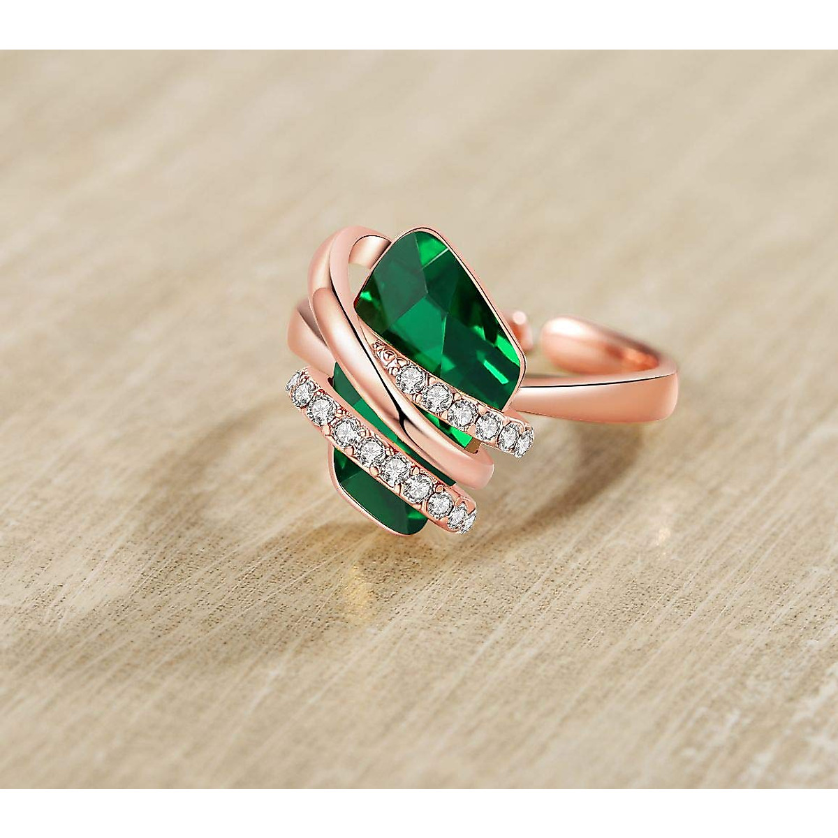 Leafael Wish Stone Women's Adjustable Crystal Open Ring (Emerald Green Rose Gold Plated) Gifts for Women May Birthstone Jewelry, Size 6.5-8